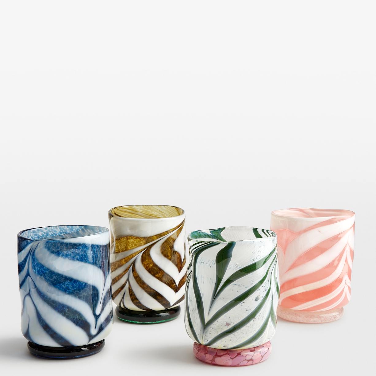 Mix Set of Four Swirl Mid-Ball Handblown Glass Tumblers